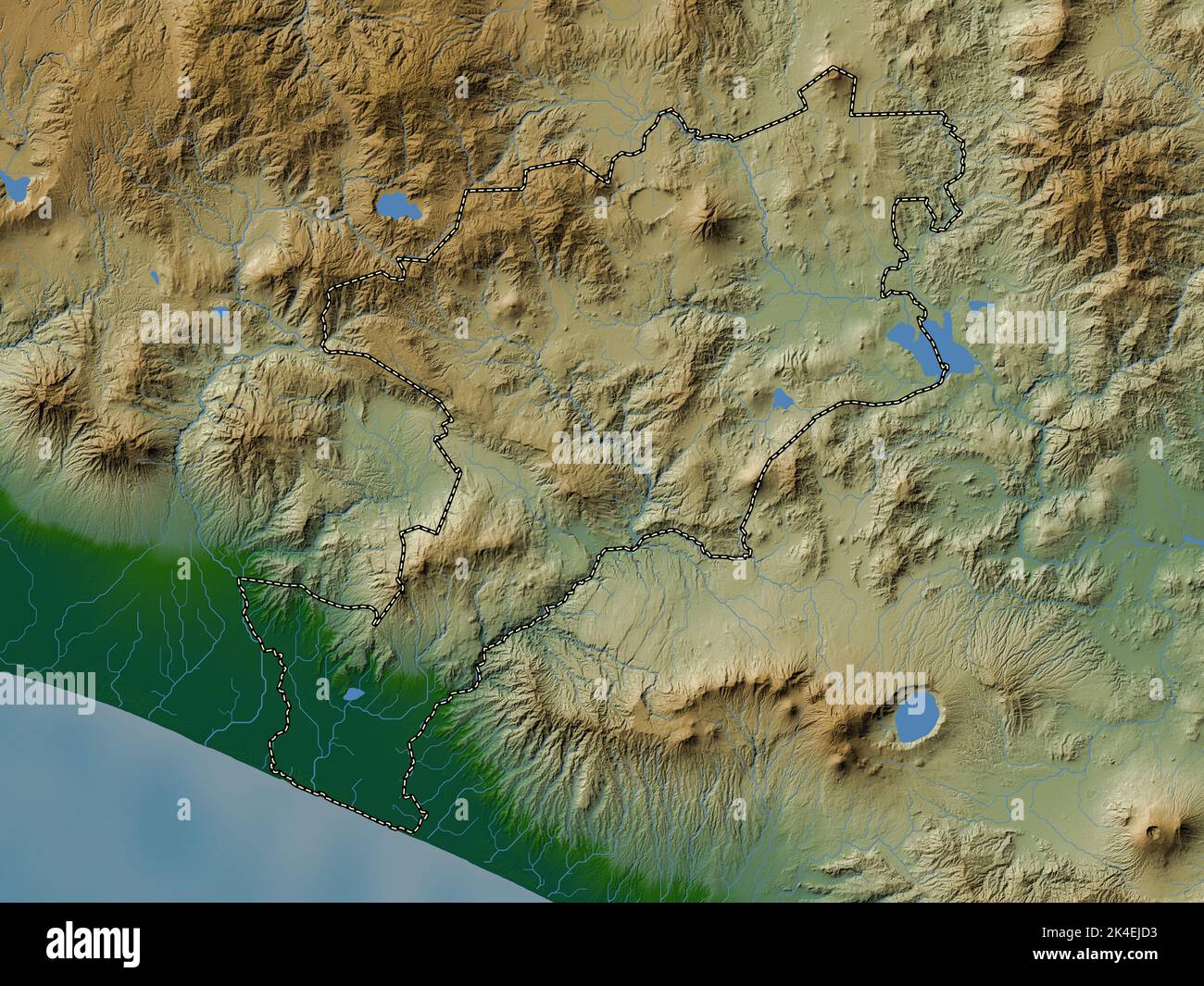 Jutiapa, department of Guatemala. Colored elevation map with lakes and ...