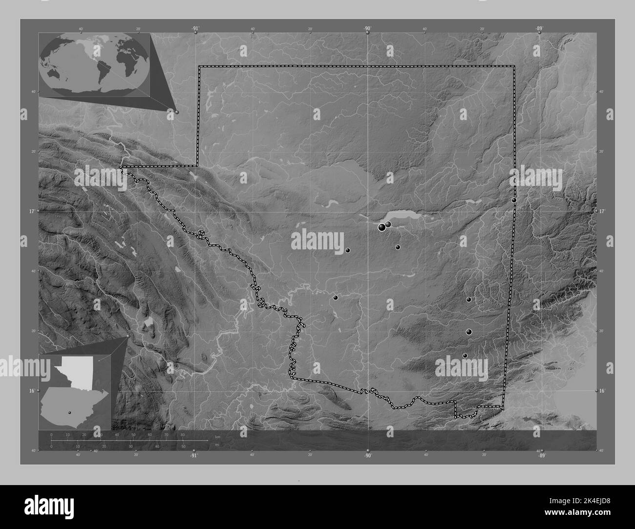 Peten, department of Guatemala. Grayscale elevation map with lakes and ...