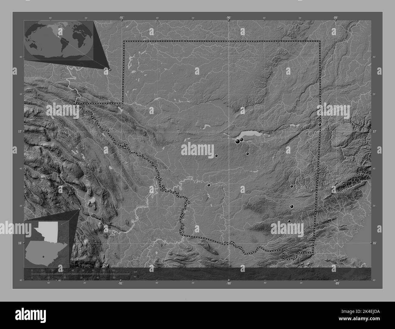 Peten, department of Guatemala. Bilevel elevation map with lakes and ...