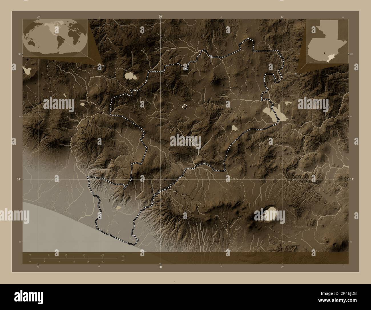Jutiapa, department of Guatemala. Elevation map colored in sepia tones ...