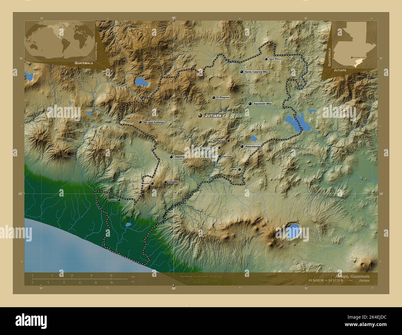 Jutiapa, department of Guatemala. Colored elevation map with lakes and ...