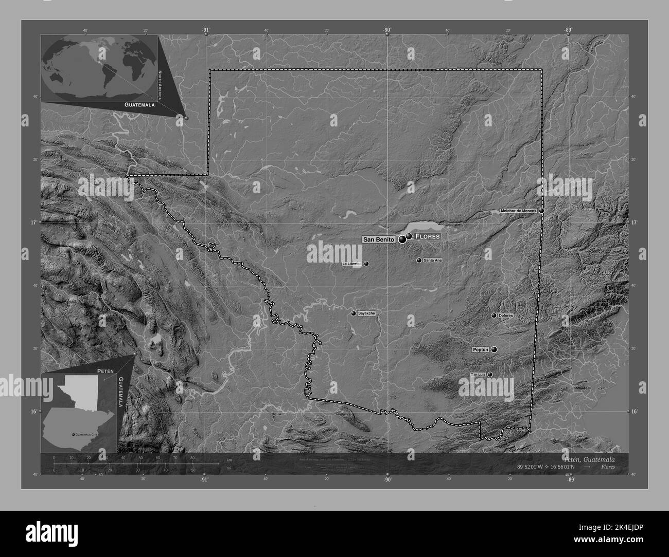 Peten, department of Guatemala. Bilevel elevation map with lakes and ...