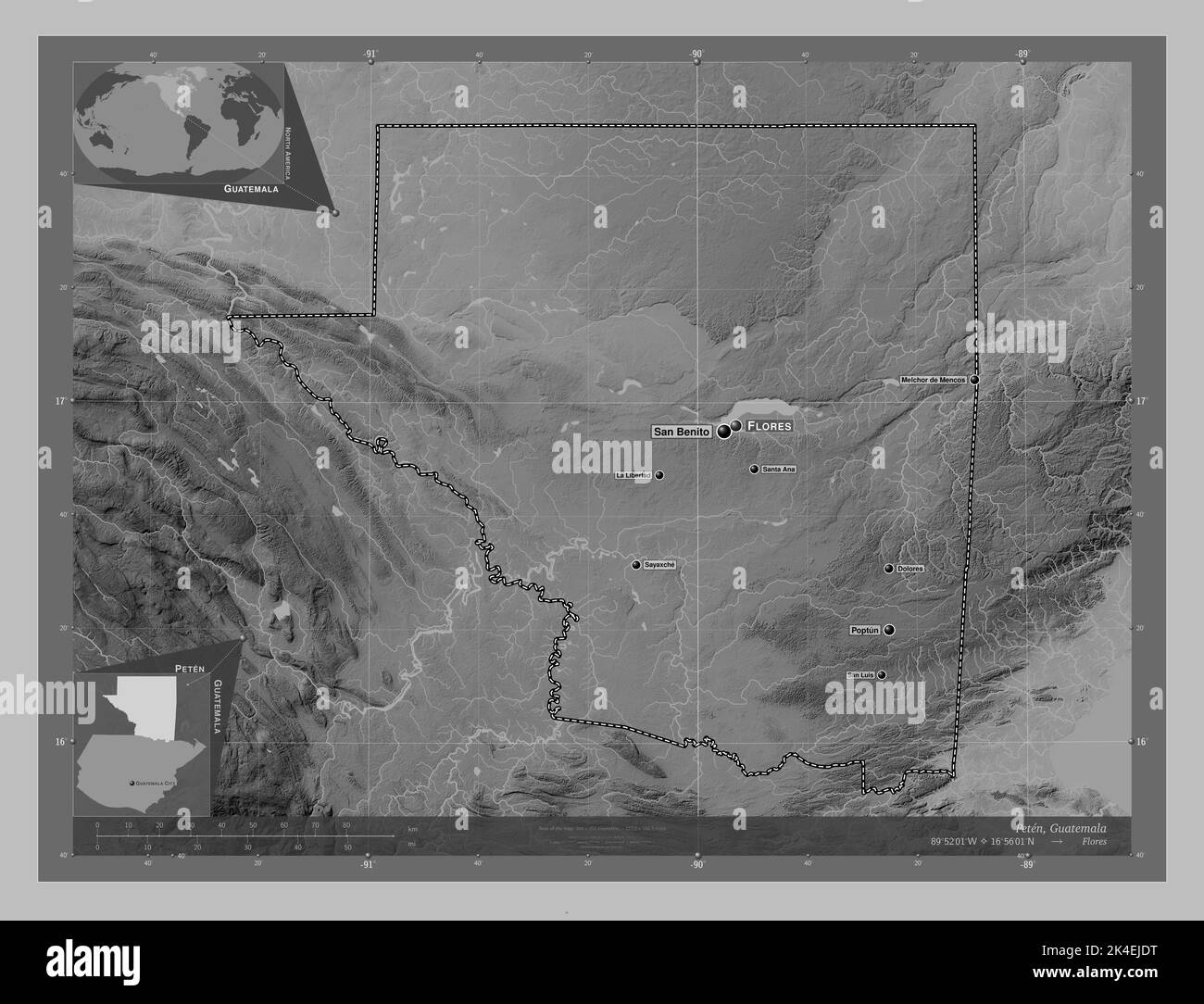 Peten, department of Guatemala. Grayscale elevation map with lakes and ...