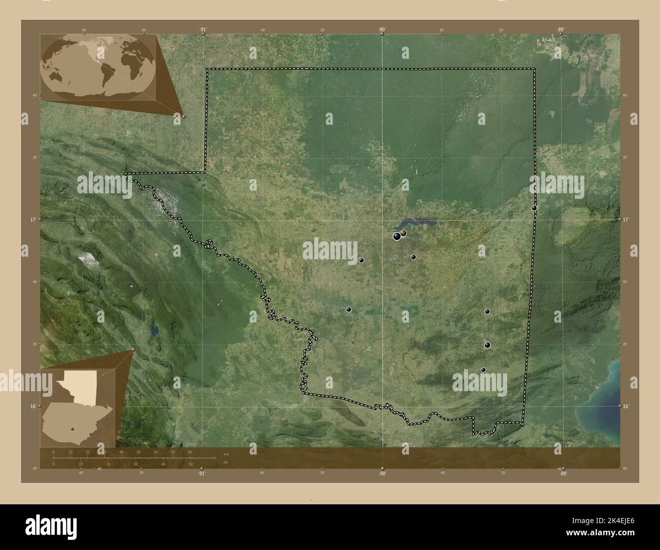 Peten, department of Guatemala. Low resolution satellite map. Locations ...