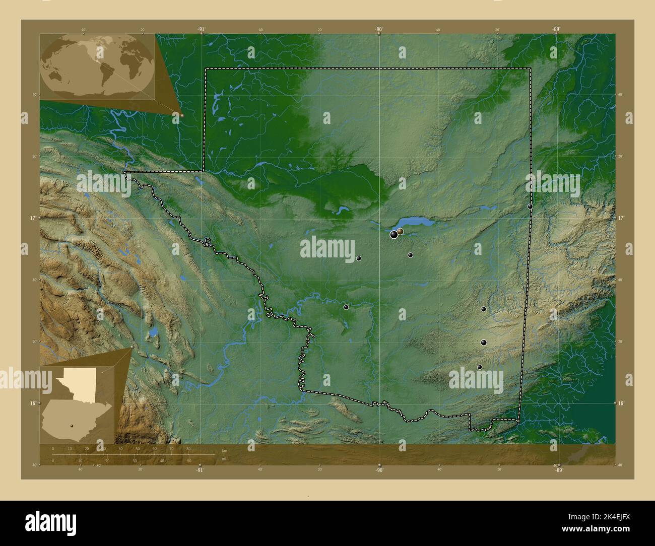 Peten, department of Guatemala. Colored elevation map with lakes and ...