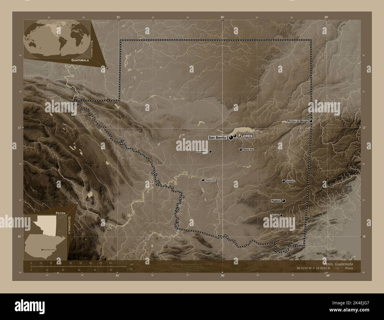 Peten, department of Guatemala. Elevation map colored in sepia tones ...