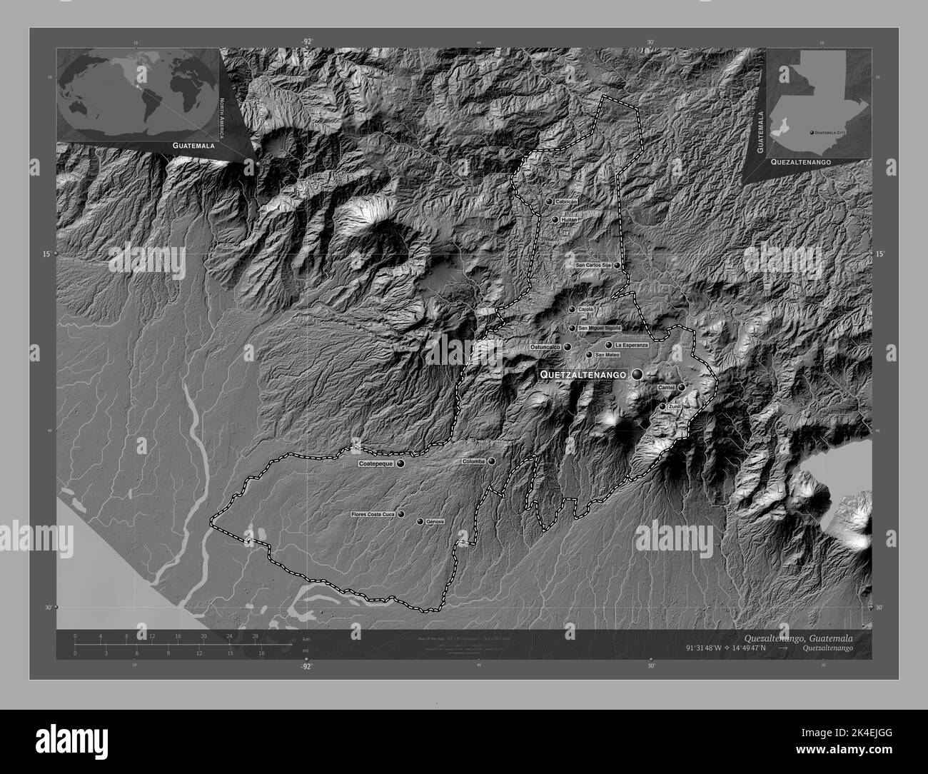 Quezaltenango, department of Guatemala. Bilevel elevation map with ...
