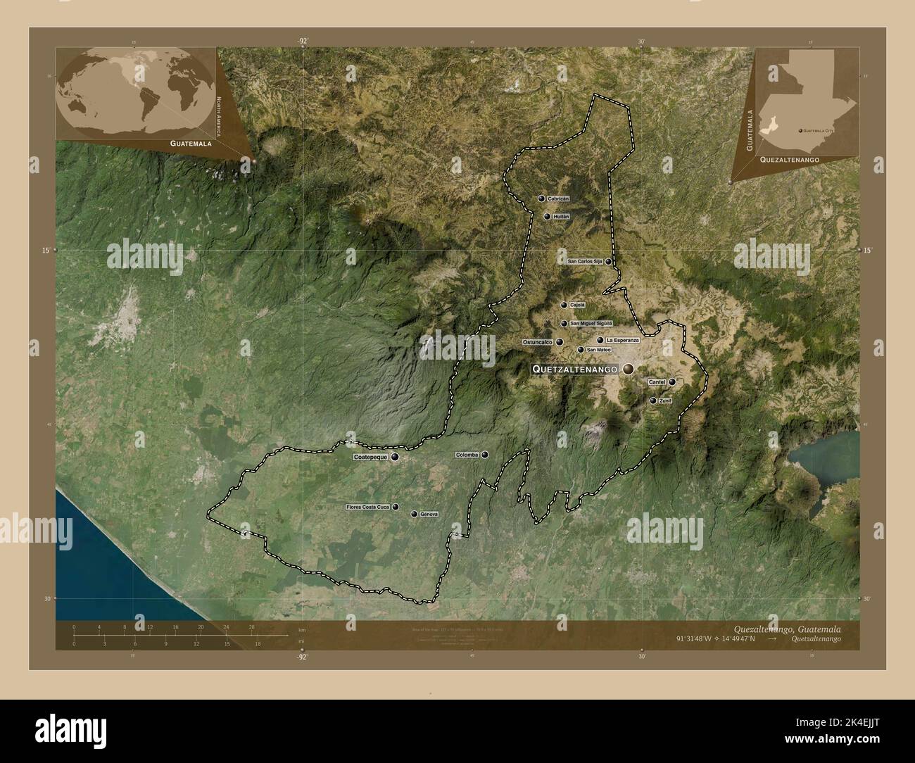 Quezaltenango, department of Guatemala. Low resolution satellite map ...