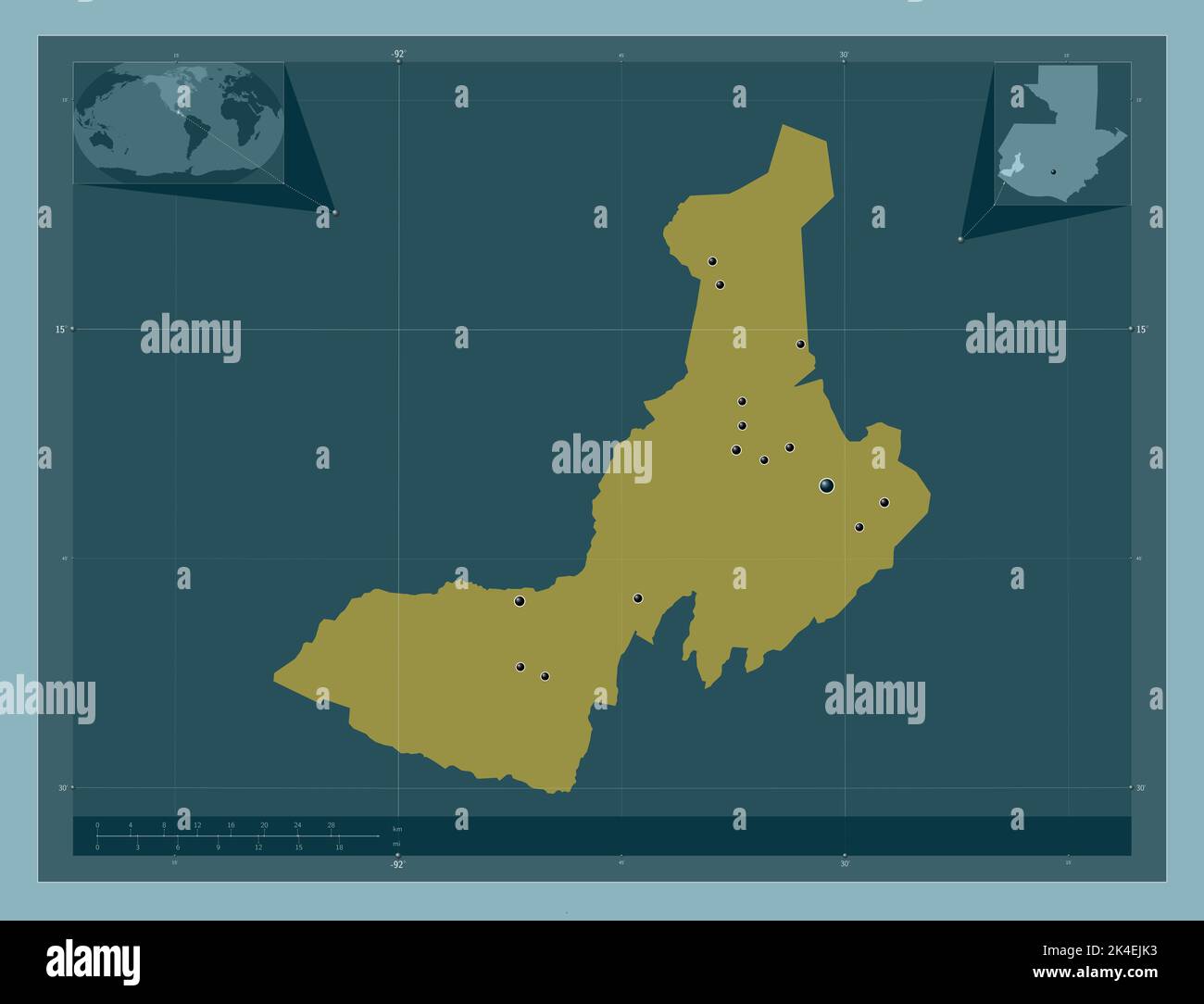 Quezaltenango, department of Guatemala. Solid color shape. Locations of ...