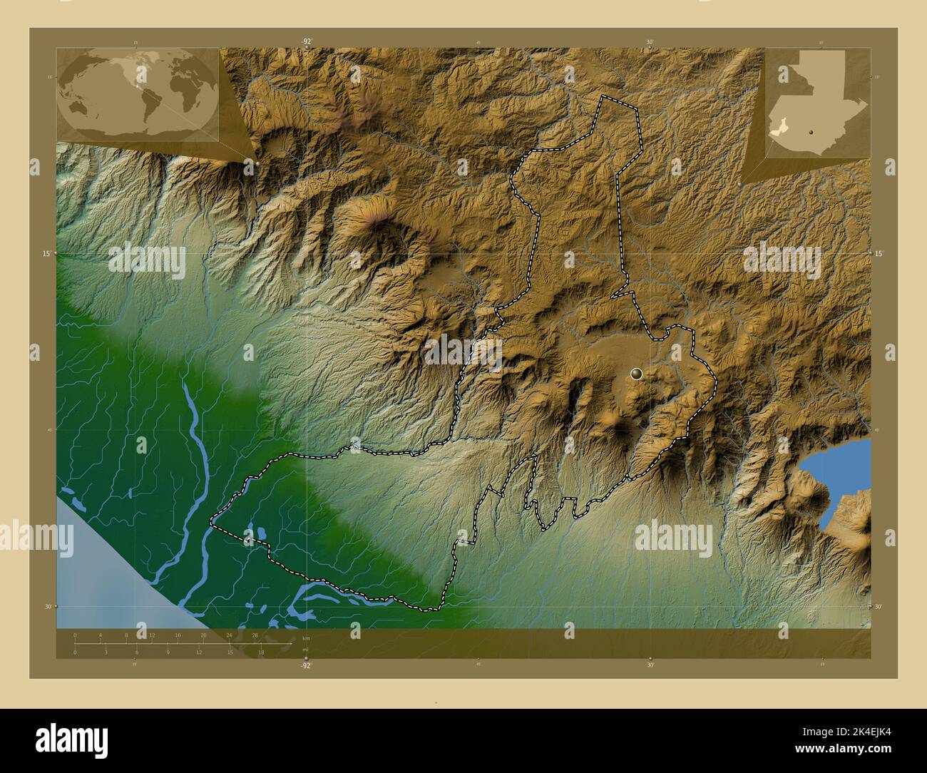 Quezaltenango, department of Guatemala. Colored elevation map with ...