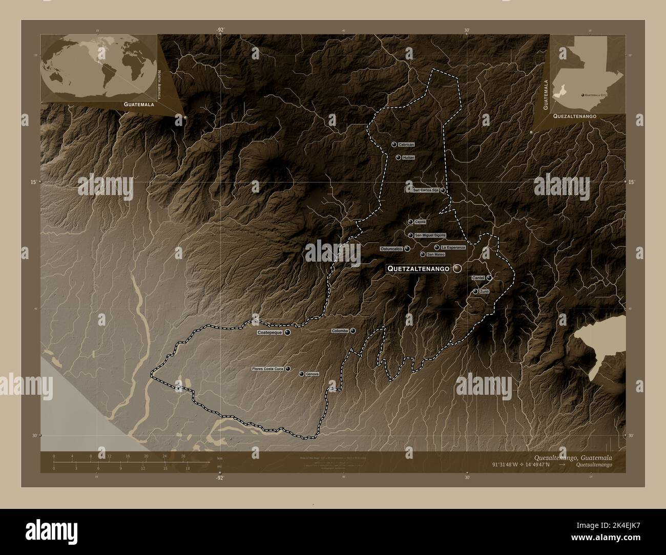 Quezaltenango, department of Guatemala. Elevation map colored in sepia ...