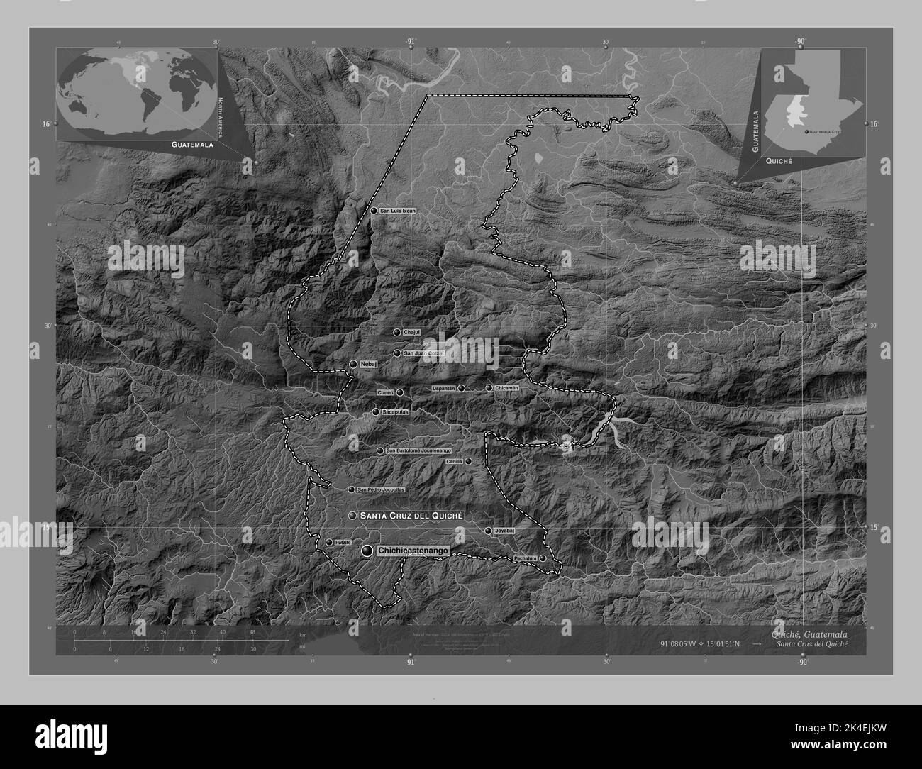 Quiche, department of Guatemala. Grayscale elevation map with lakes and ...