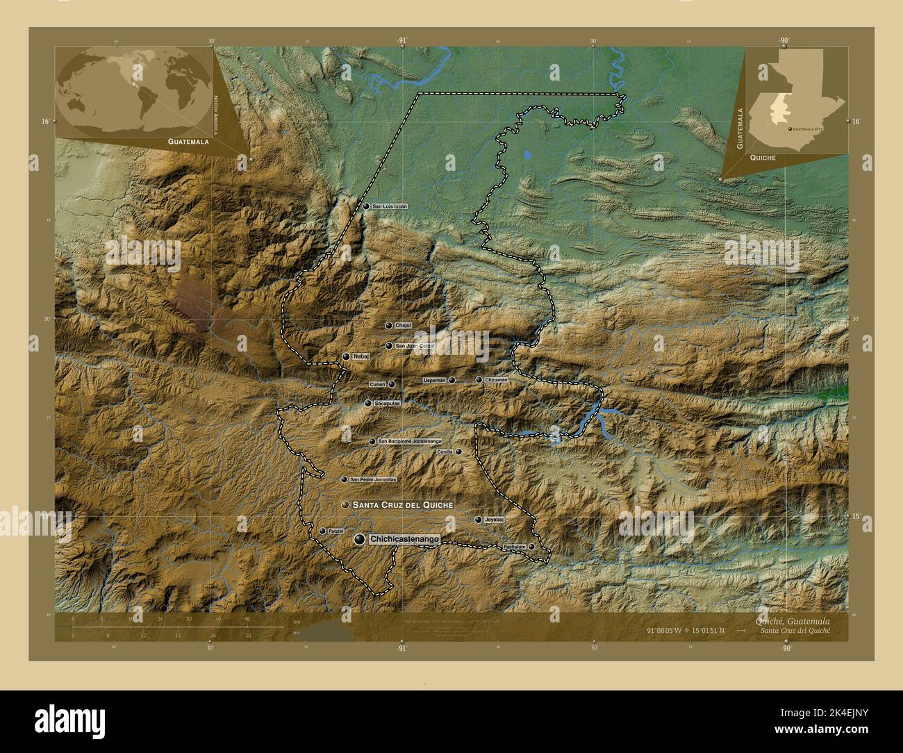 Quiche, department of Guatemala. Colored elevation map with lakes and ...