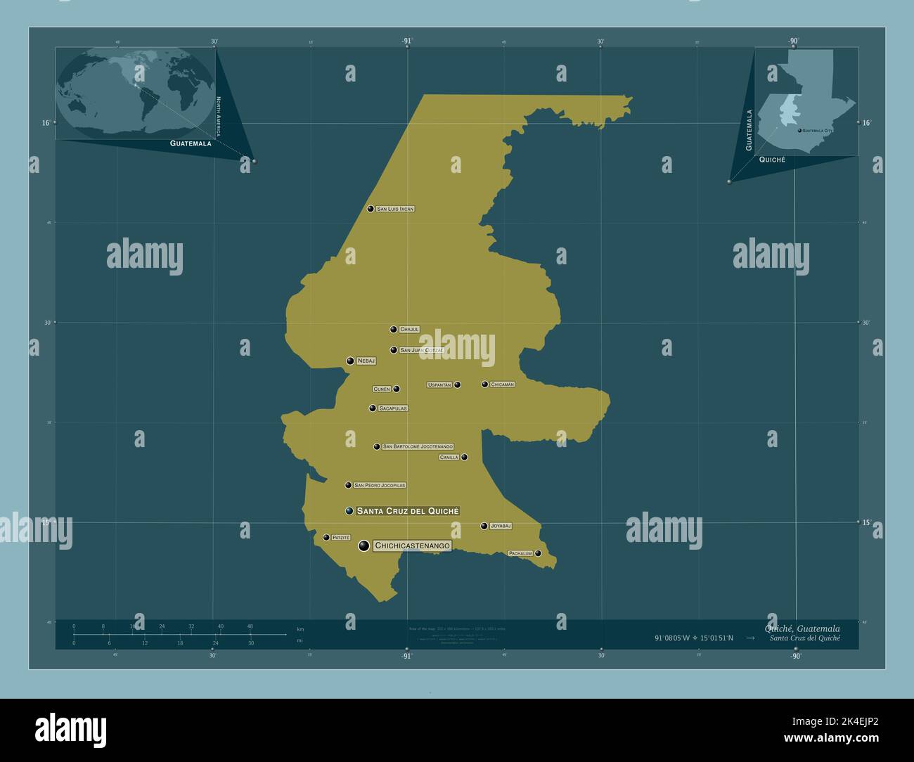 Quiche, department of Guatemala. Solid color shape. Locations and names ...