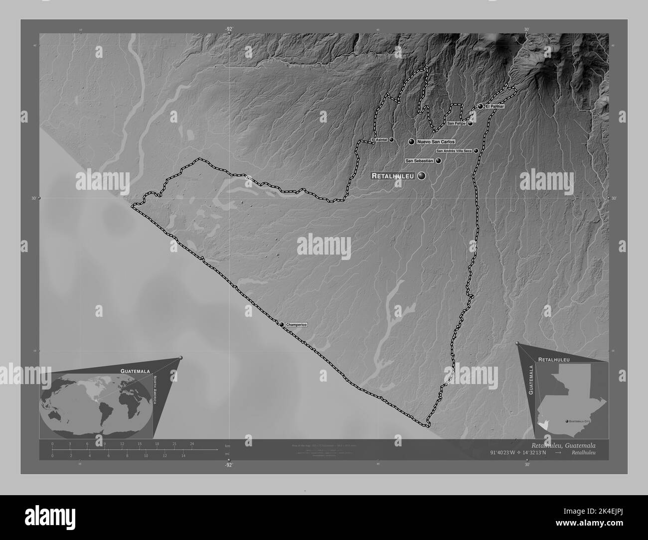 Retalhuleu, department of Guatemala. Grayscale elevation map with lakes ...