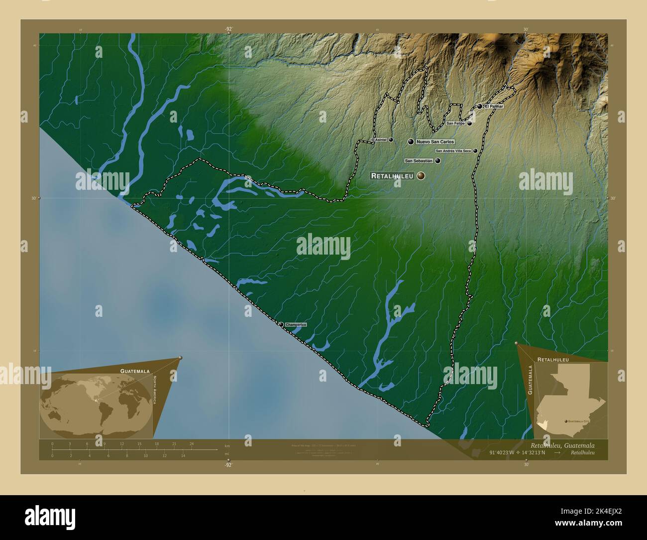Retalhuleu, department of Guatemala. Colored elevation map with lakes ...