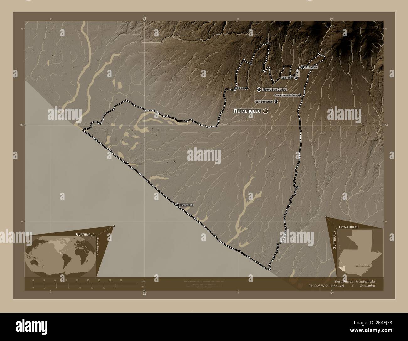 Retalhuleu, department of Guatemala. Elevation map colored in sepia ...