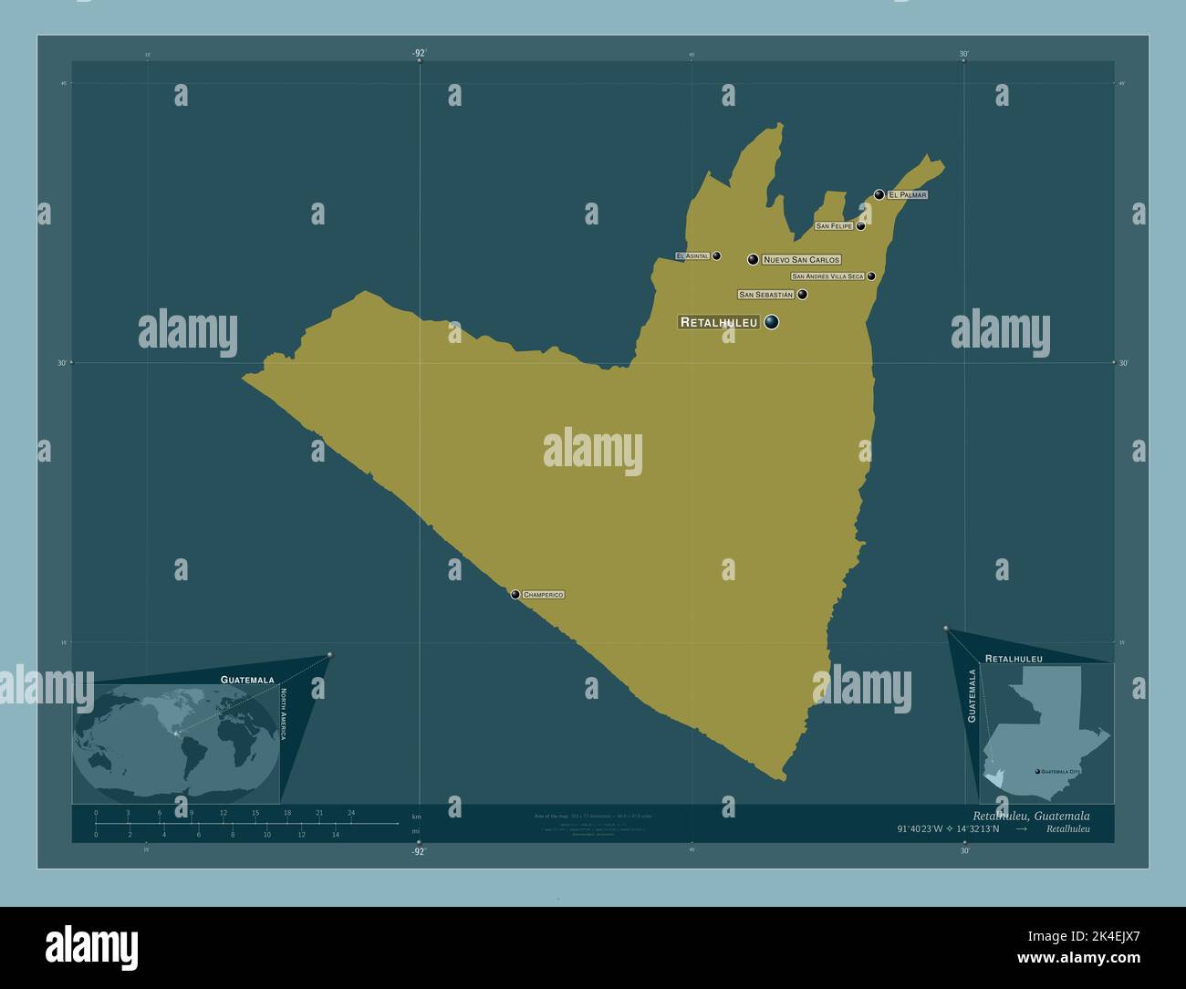 Retalhuleu, department of Guatemala. Solid color shape. Locations and ...