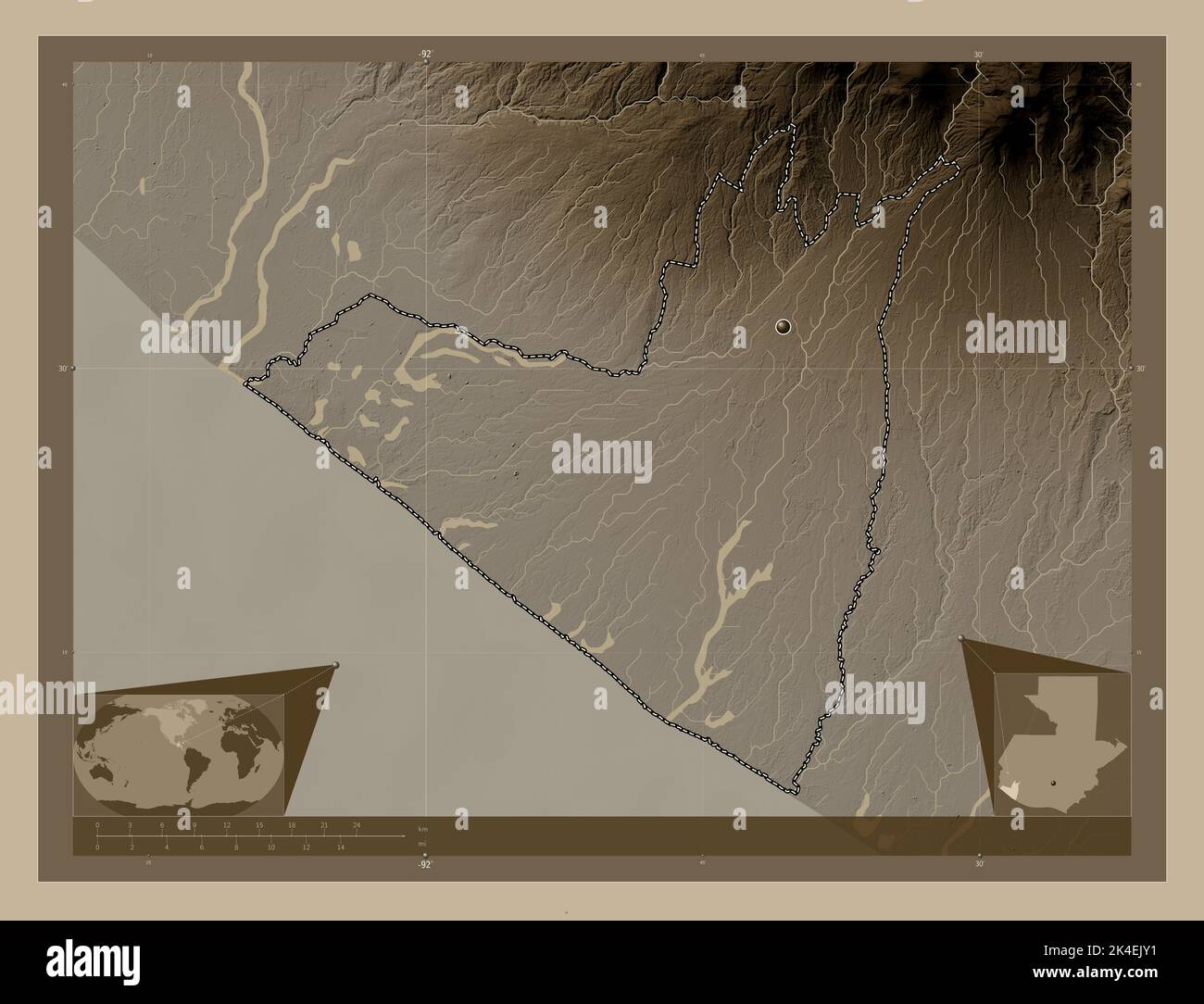 Retalhuleu, department of Guatemala. Elevation map colored in sepia ...