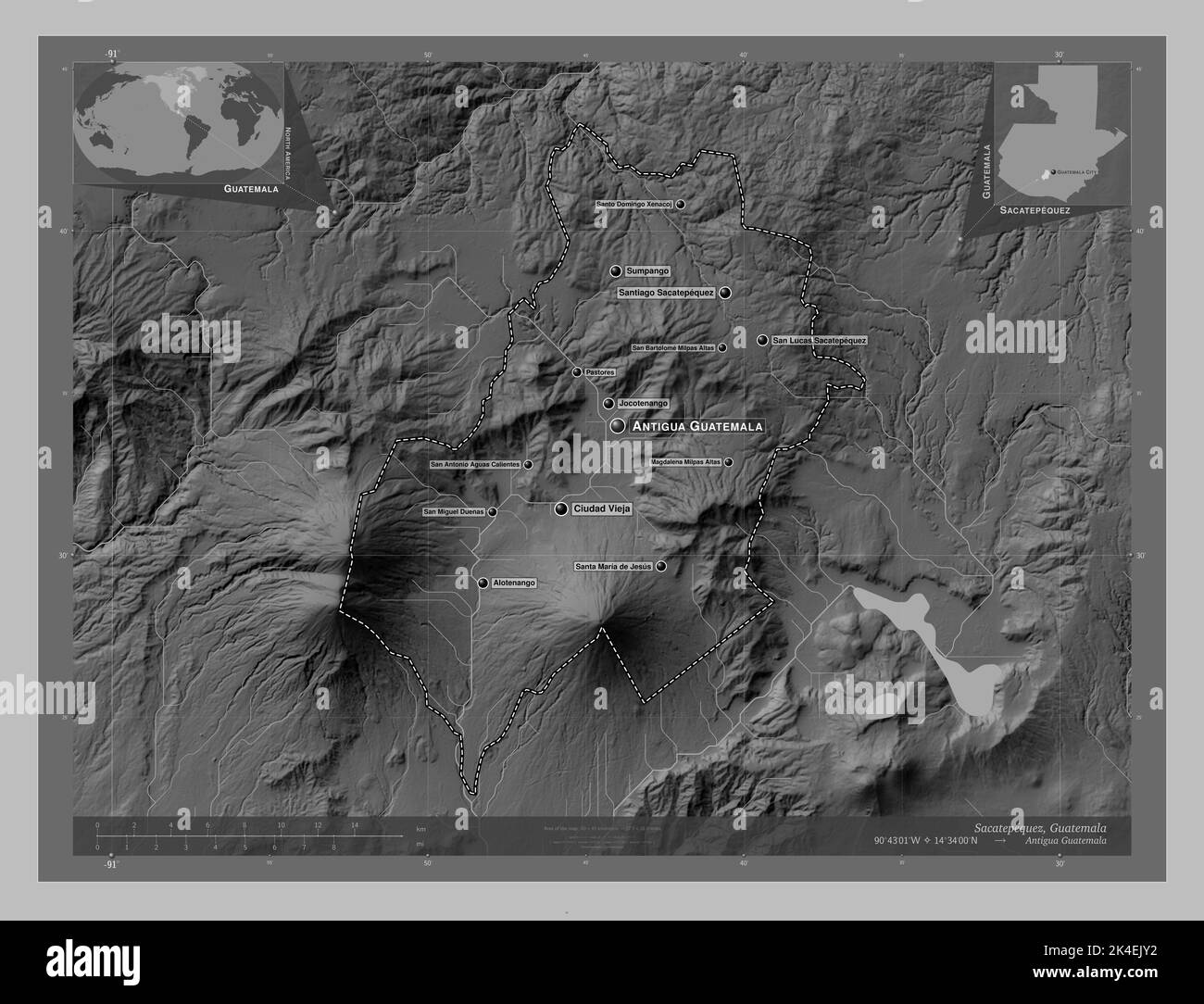 Sacatepequez, department of Guatemala. Grayscale elevation map with ...