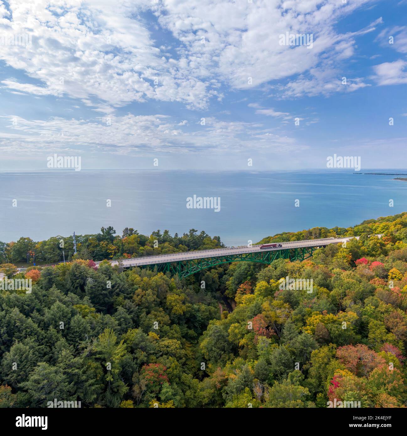 Aerial view of the Cut River Bridge on US Highway 22 with Lake Michigan ...