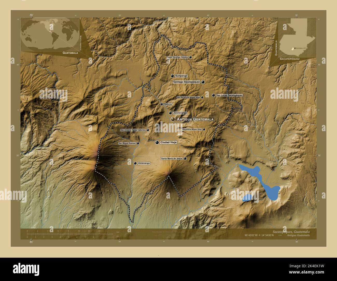 Sacatepequez, department of Guatemala. Colored elevation map with lakes ...