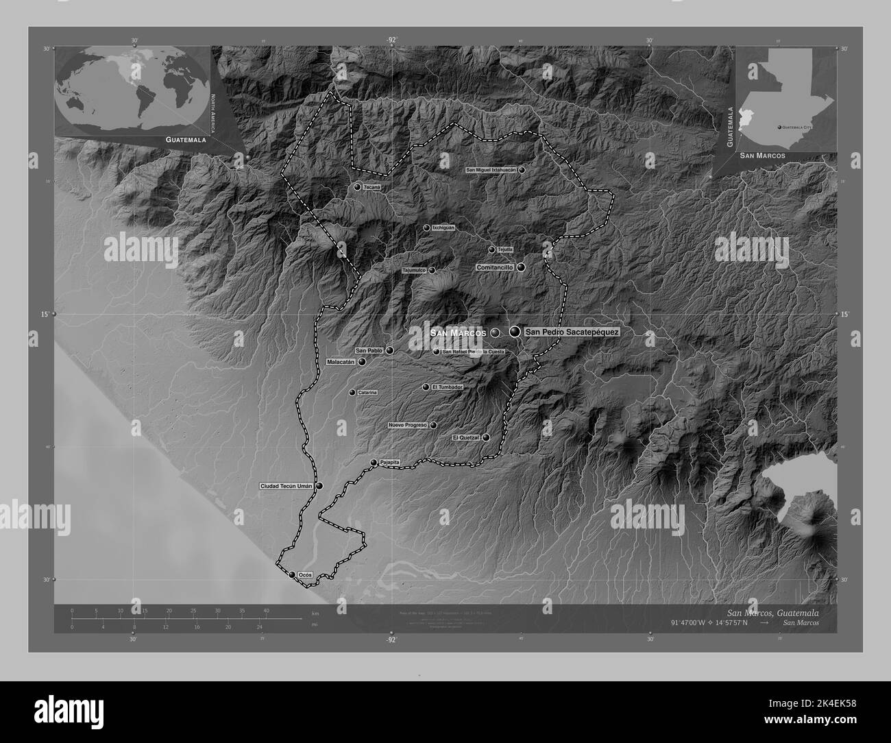San Marcos, department of Guatemala. Grayscale elevation map with lakes ...