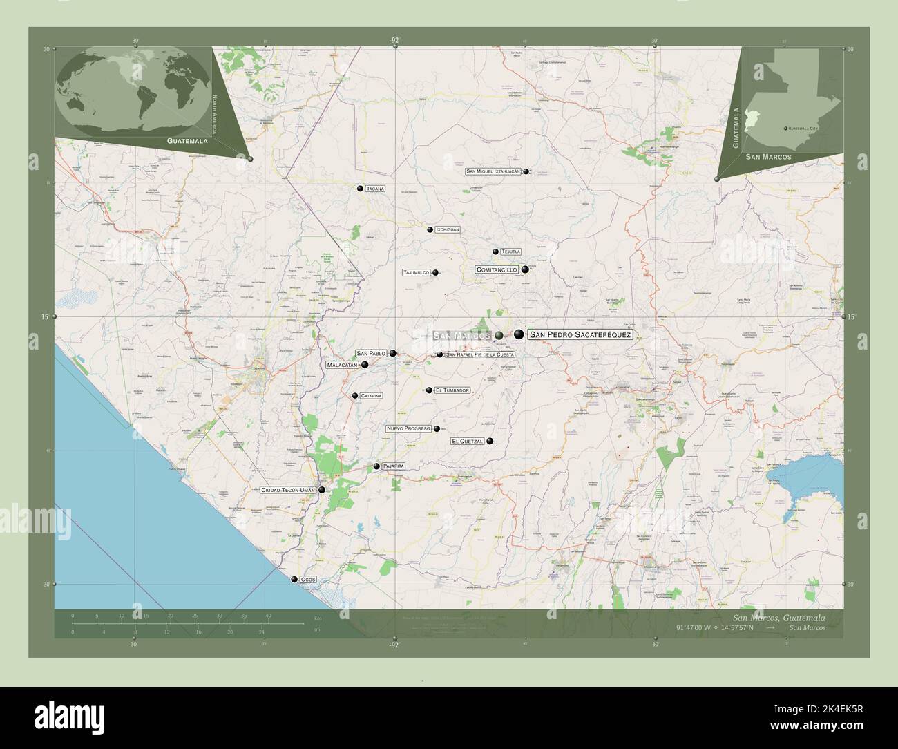 San Marcos, department of Guatemala. Open Street Map. Locations and ...