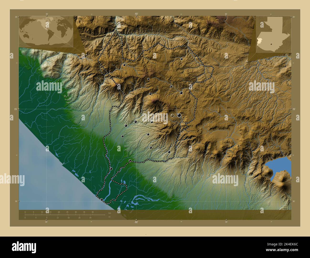 San Marcos, department of Guatemala. Colored elevation map with lakes ...
