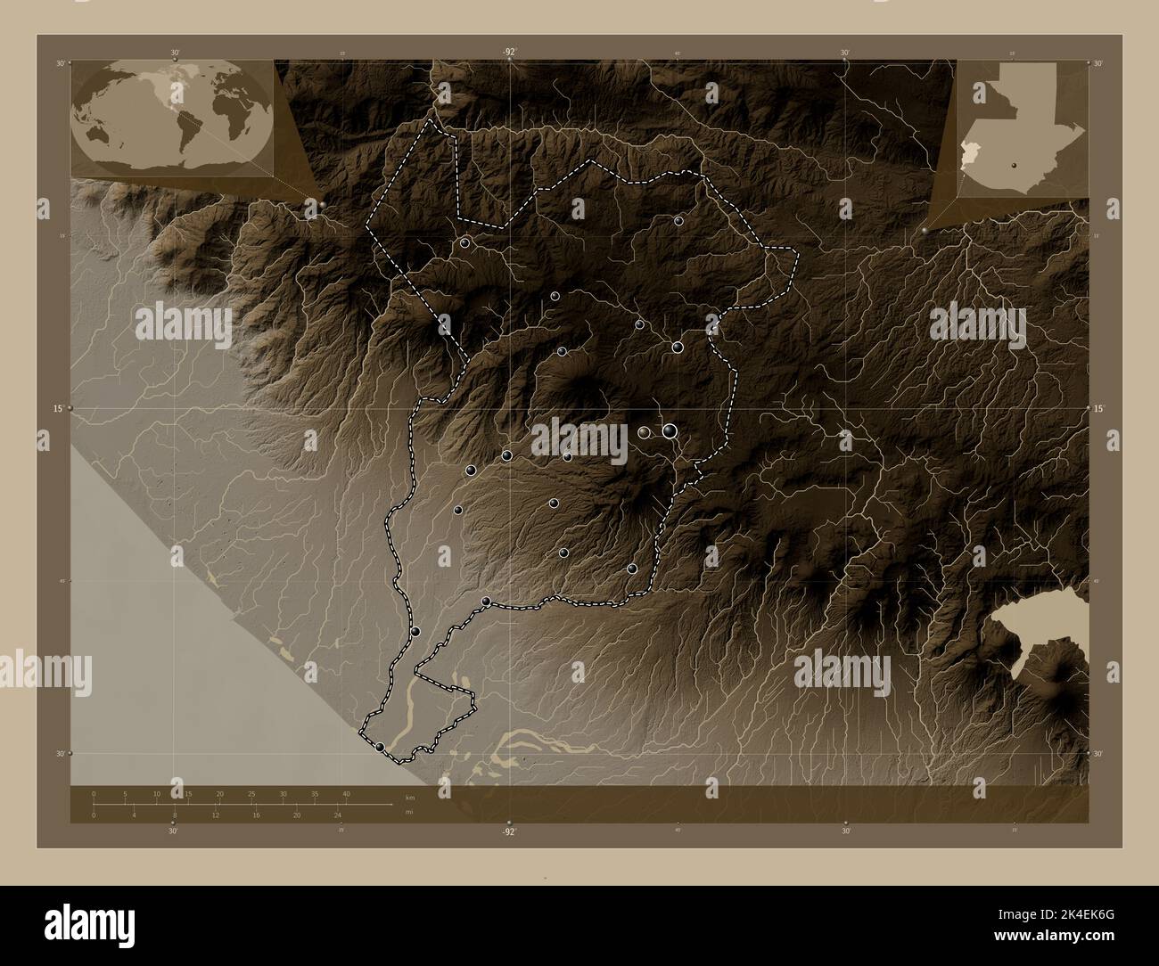 San Marcos, department of Guatemala. Elevation map colored in sepia ...