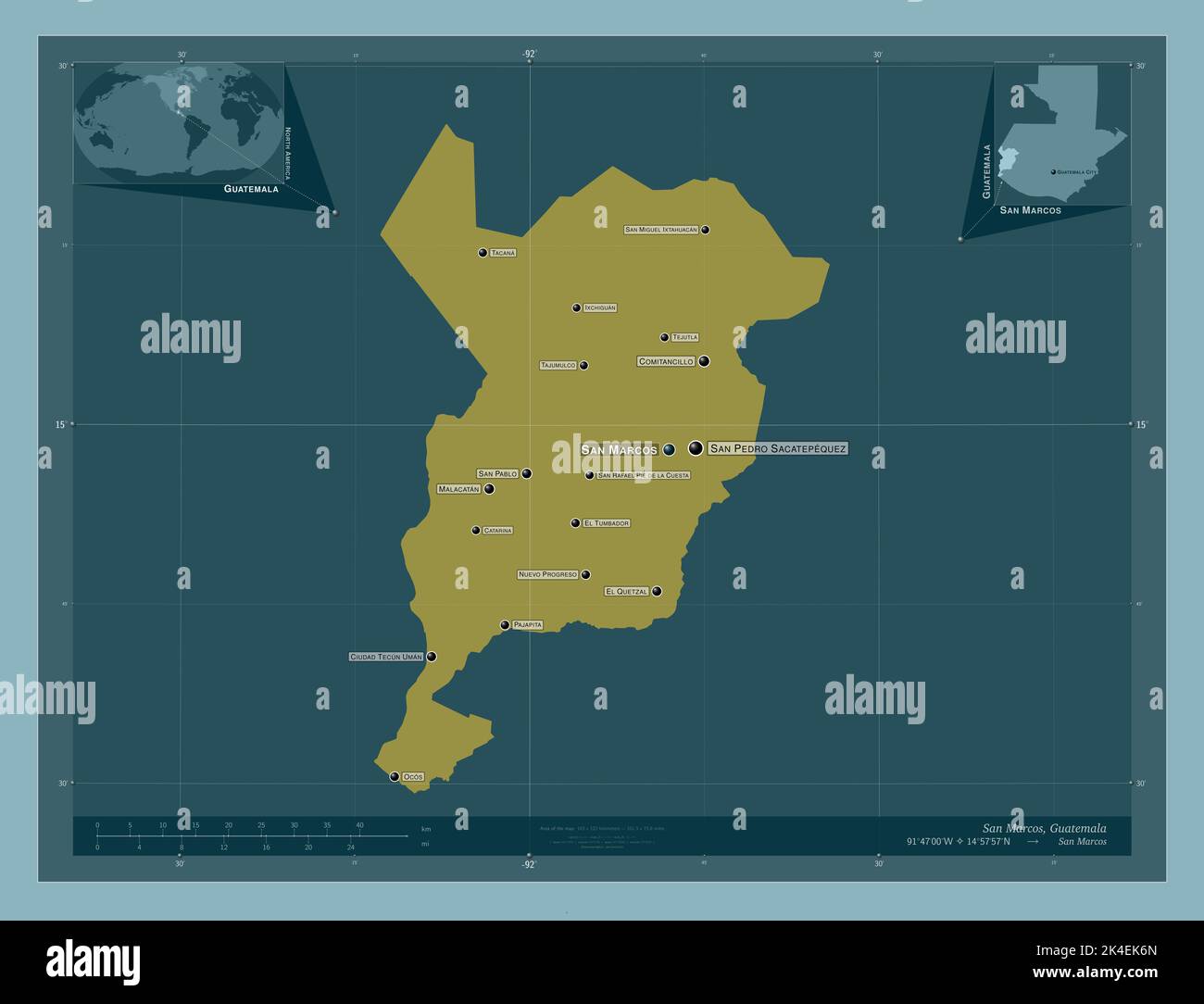 San Marcos, department of Guatemala. Solid color shape. Locations and ...