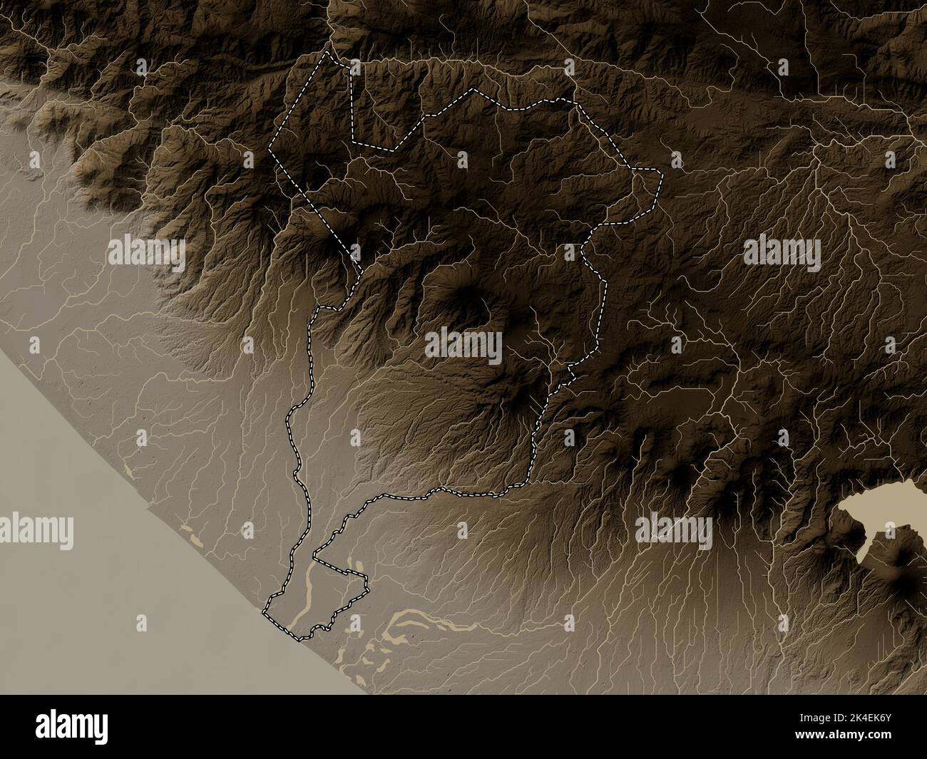 San Marcos, department of Guatemala. Elevation map colored in sepia ...