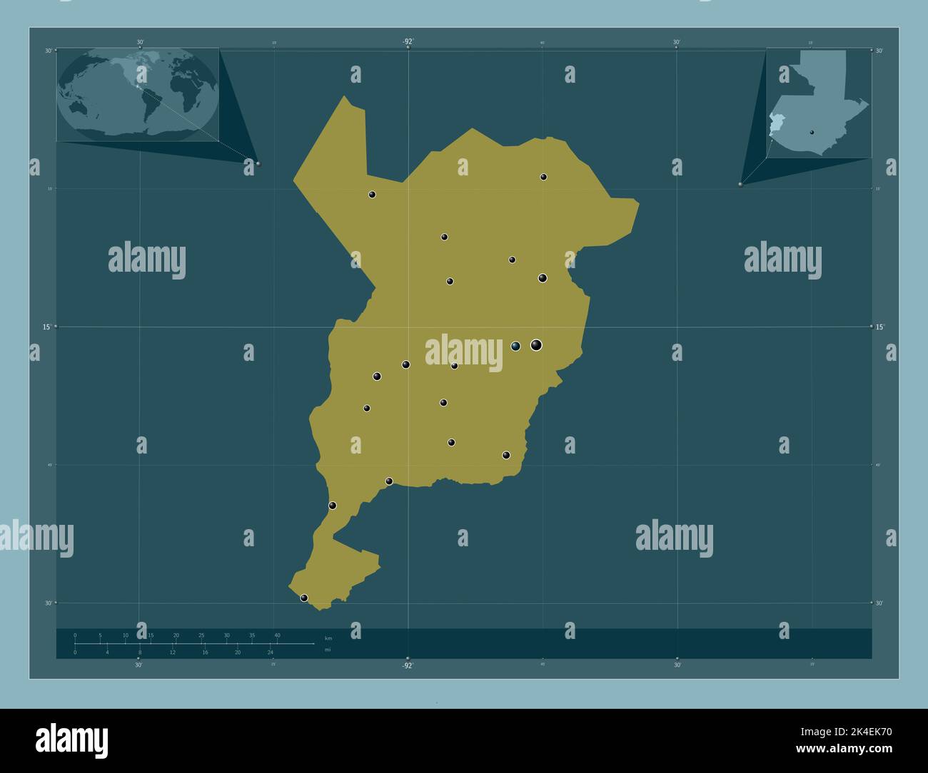 San Marcos, department of Guatemala. Solid color shape. Locations of ...