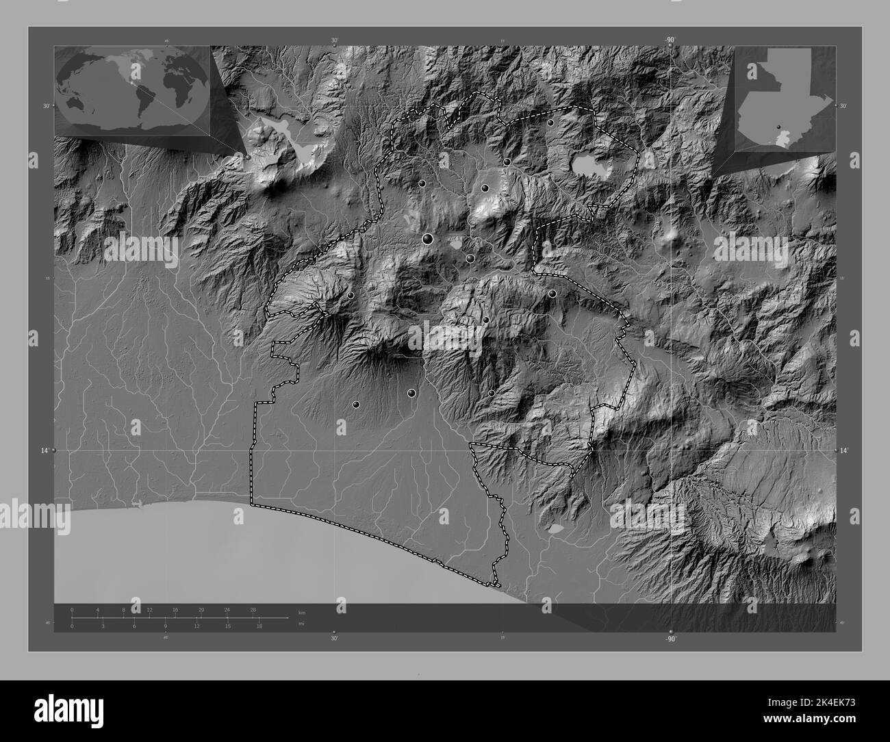 Santa Rosa, department of Guatemala. Bilevel elevation map with lakes ...