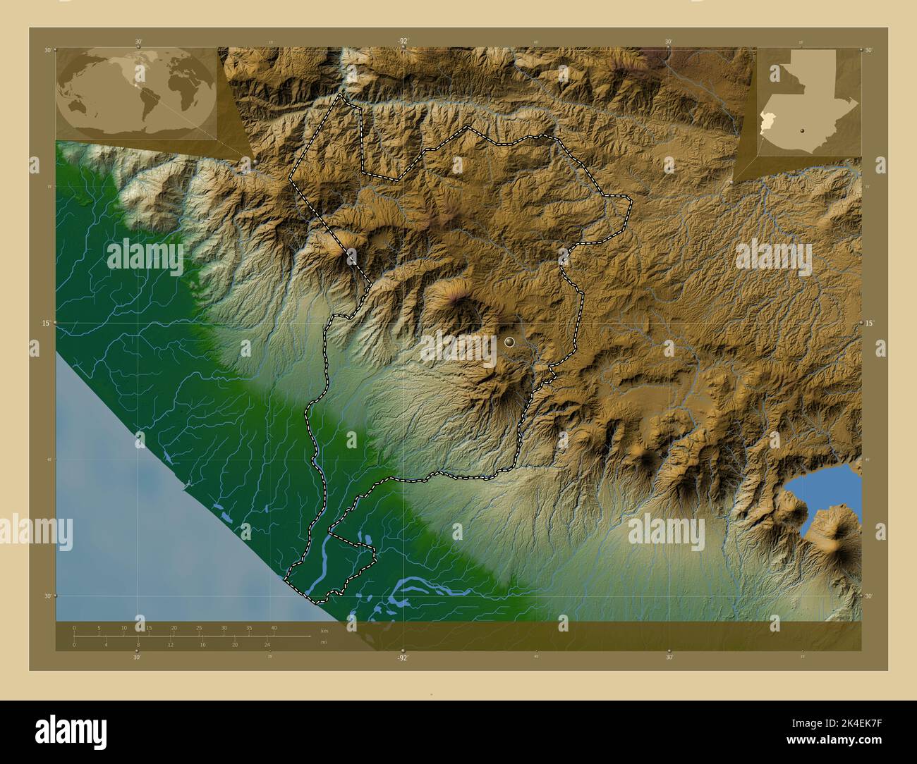 San Marcos, department of Guatemala. Colored elevation map with lakes ...