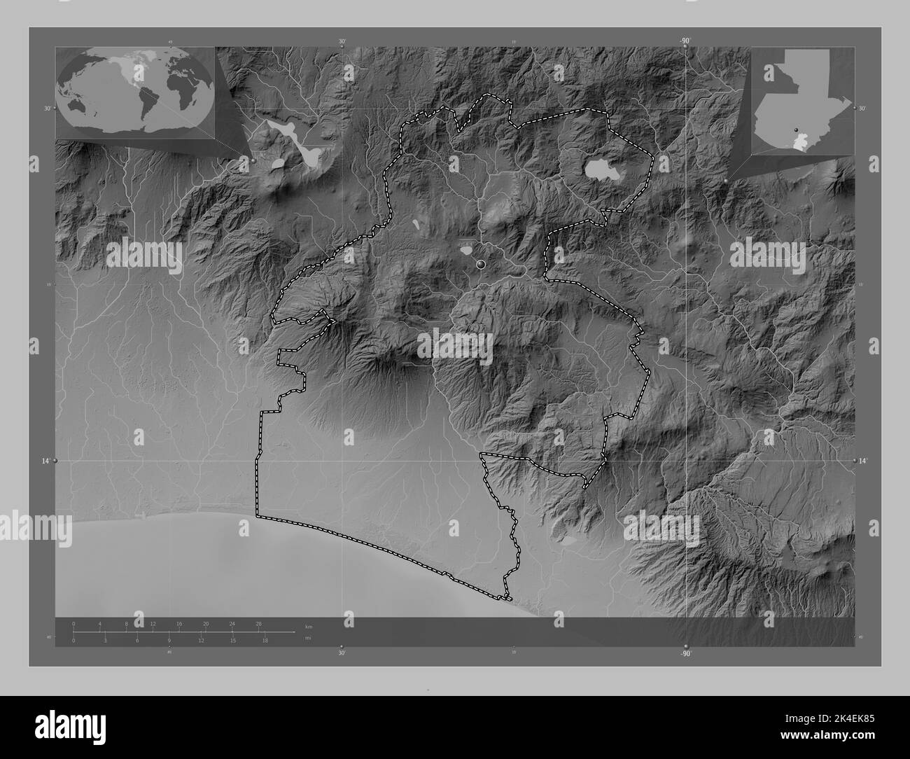 Santa Rosa, department of Guatemala. Grayscale elevation map with lakes ...