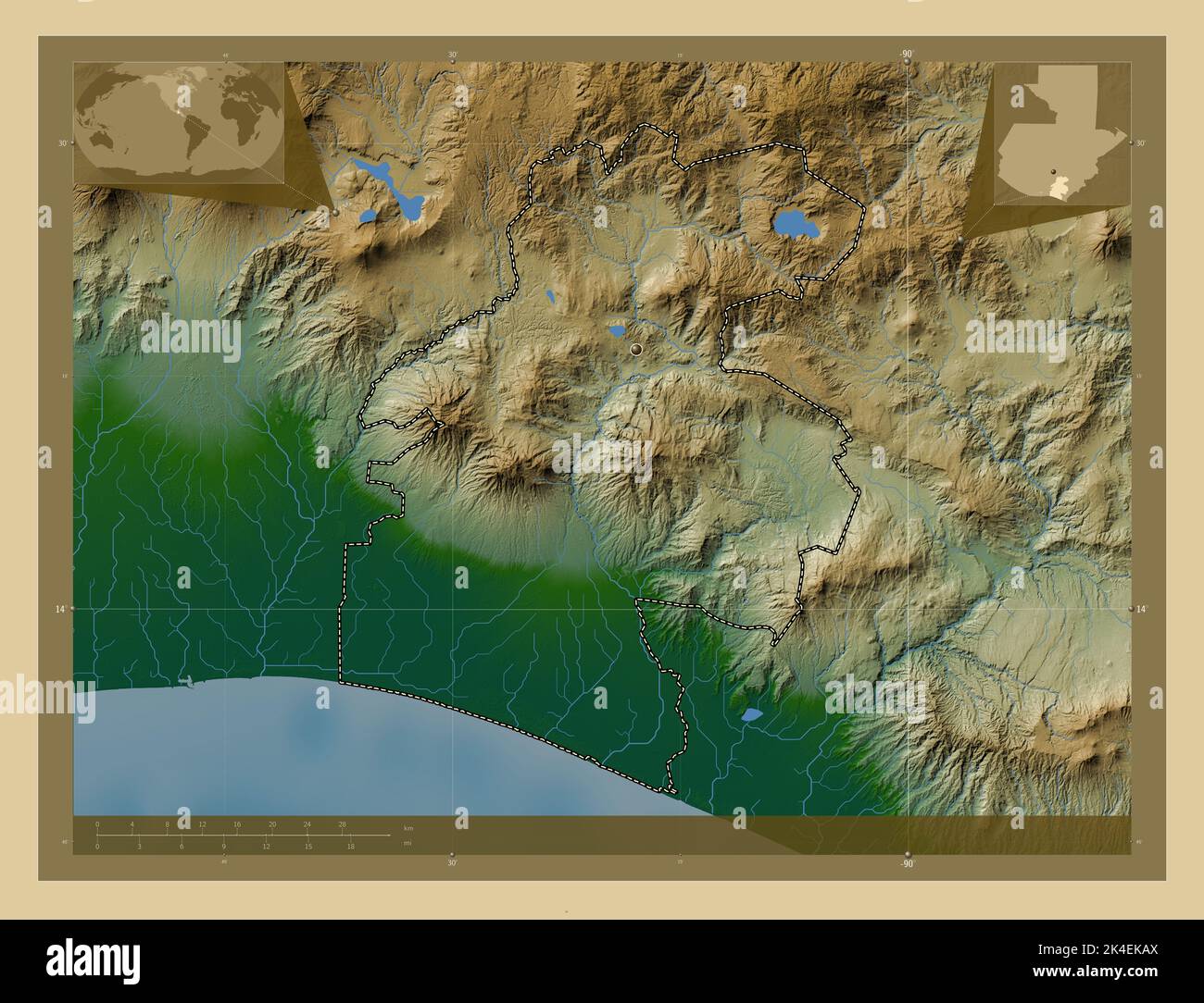 Santa Rosa, department of Guatemala. Colored elevation map with lakes ...