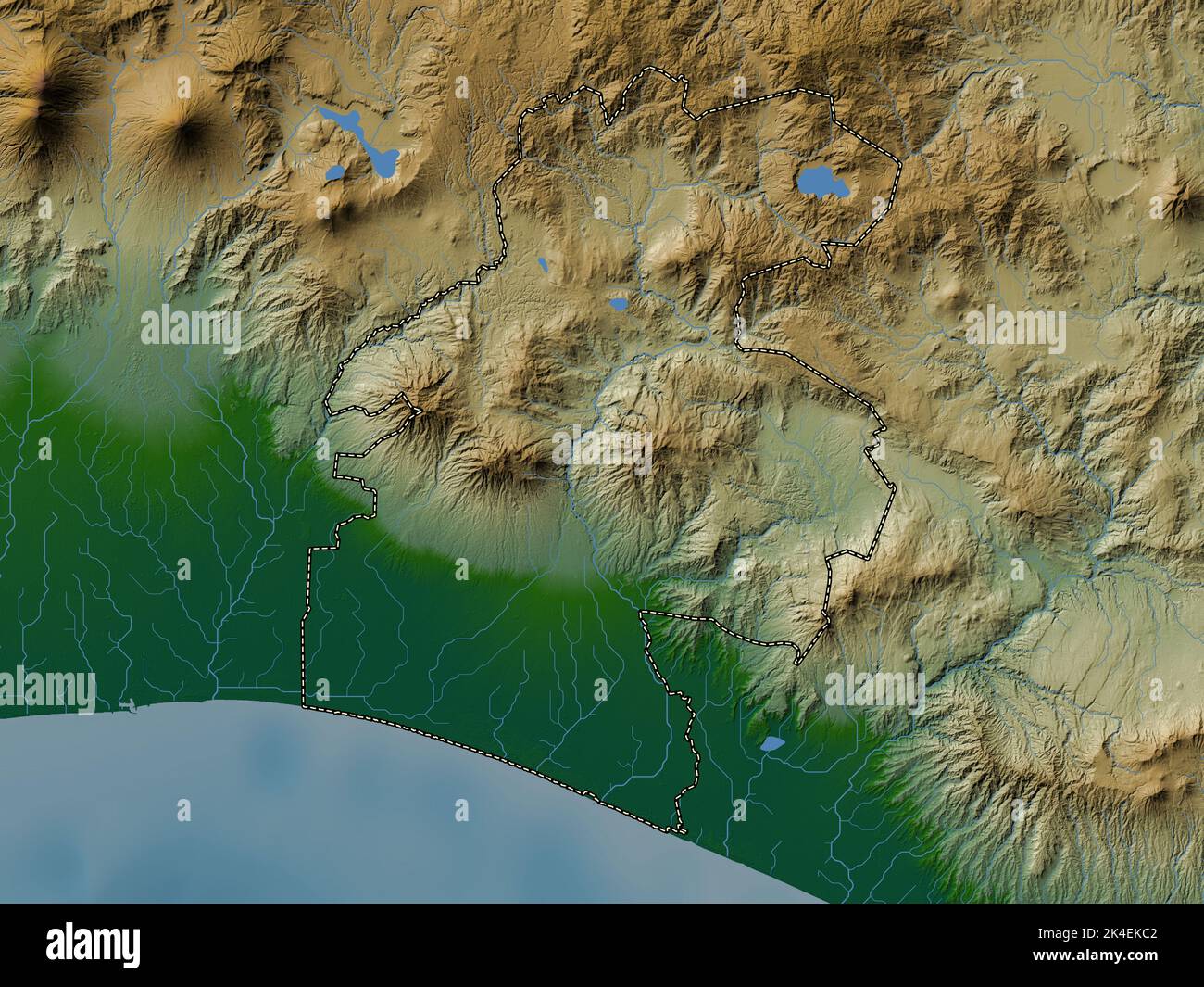 Santa Rosa, department of Guatemala. Colored elevation map with lakes ...