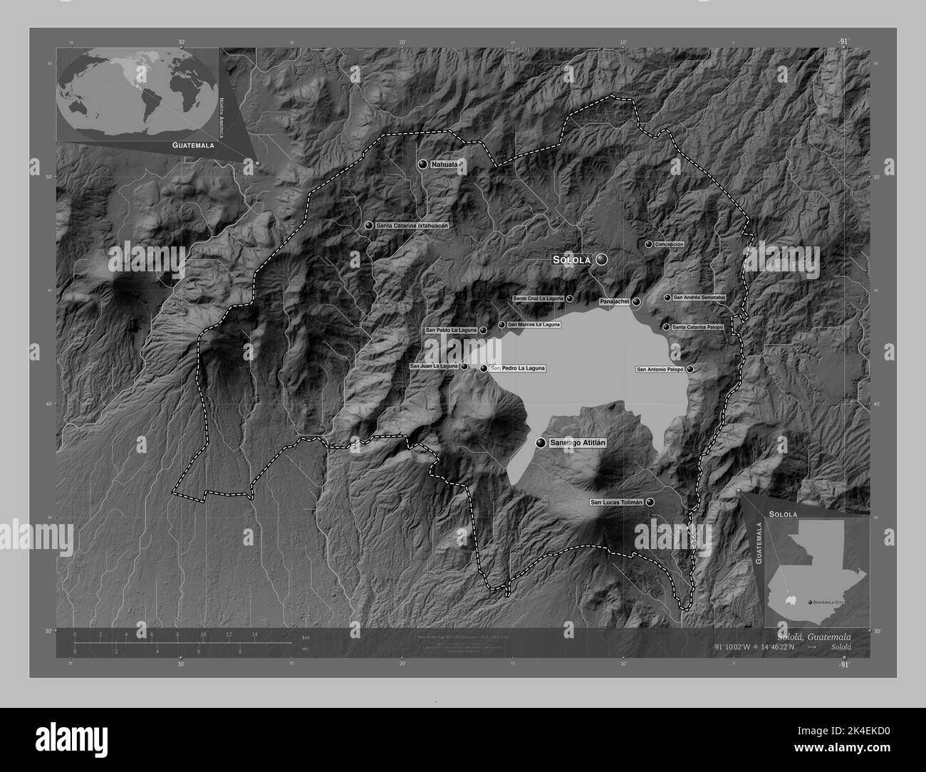Solola, department of Guatemala. Grayscale elevation map with lakes and ...