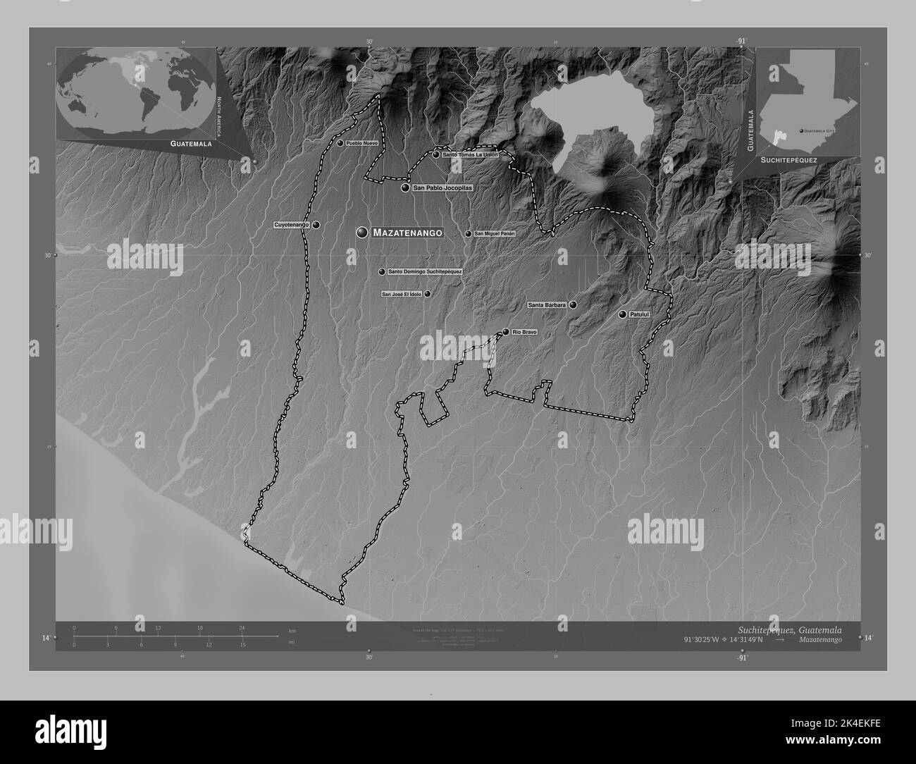 Suchitepequez, department of Guatemala. Grayscale elevation map with ...