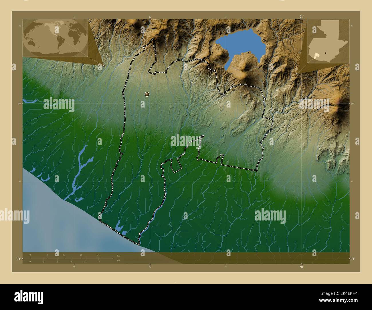 Suchitepequez, department of Guatemala. Colored elevation map with ...