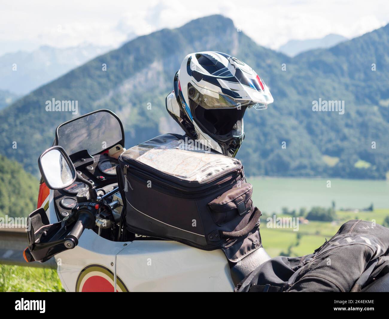 Tank bag with map on an adventure motorcycle at a mountain pass in the ...