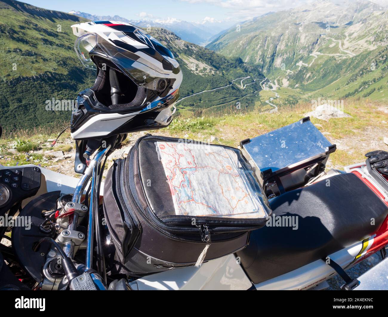 Tank bag with map on an adventure motorcycle at a mountain pass in the ...