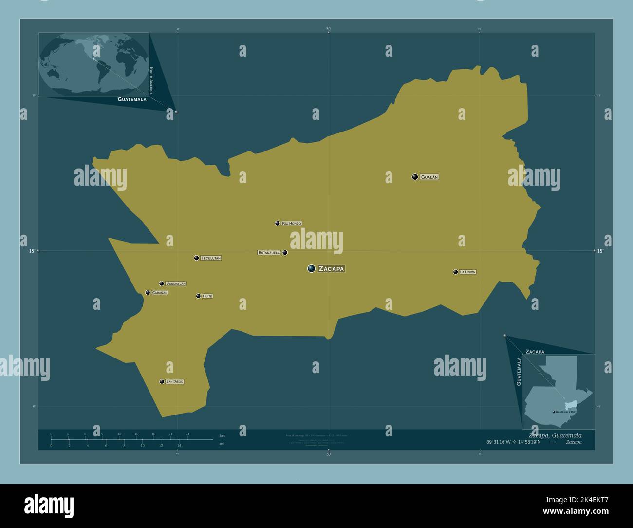 Zacapa, department of Guatemala. Solid color shape. Locations and names ...