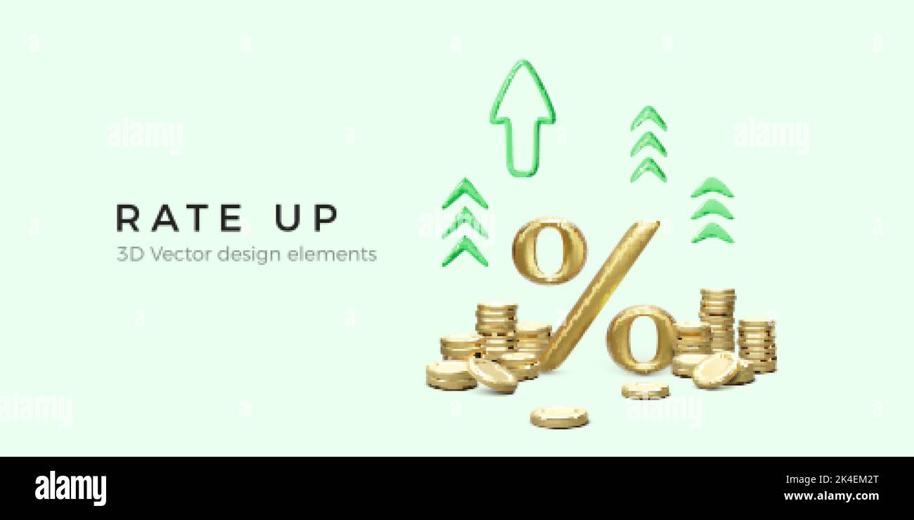 3D gold percent symbol with green arrows and gold coin stack in cartoon ...
