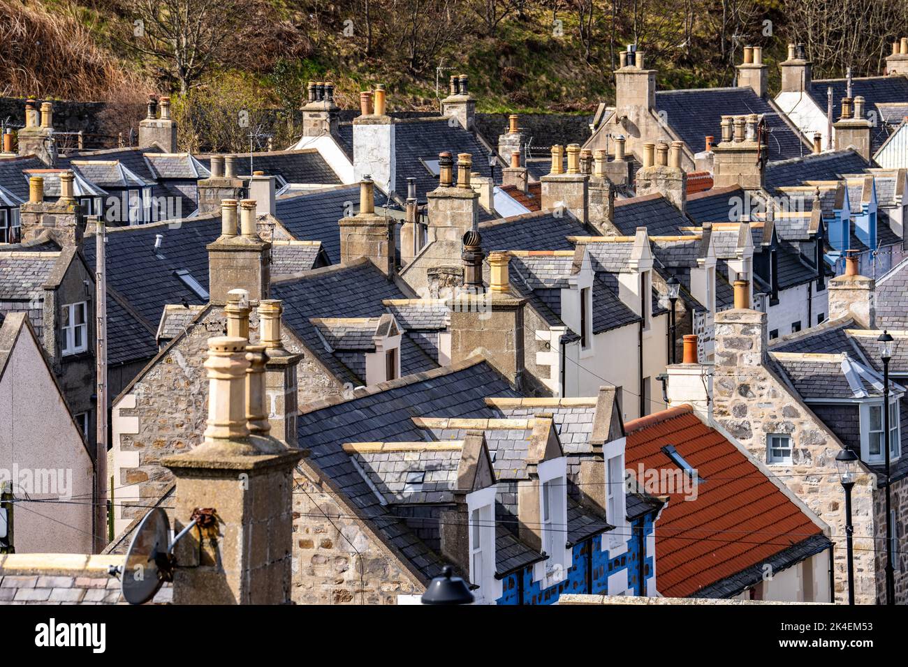 View of the small coastal town village of Buckie, Scotland UK. Quiet ...