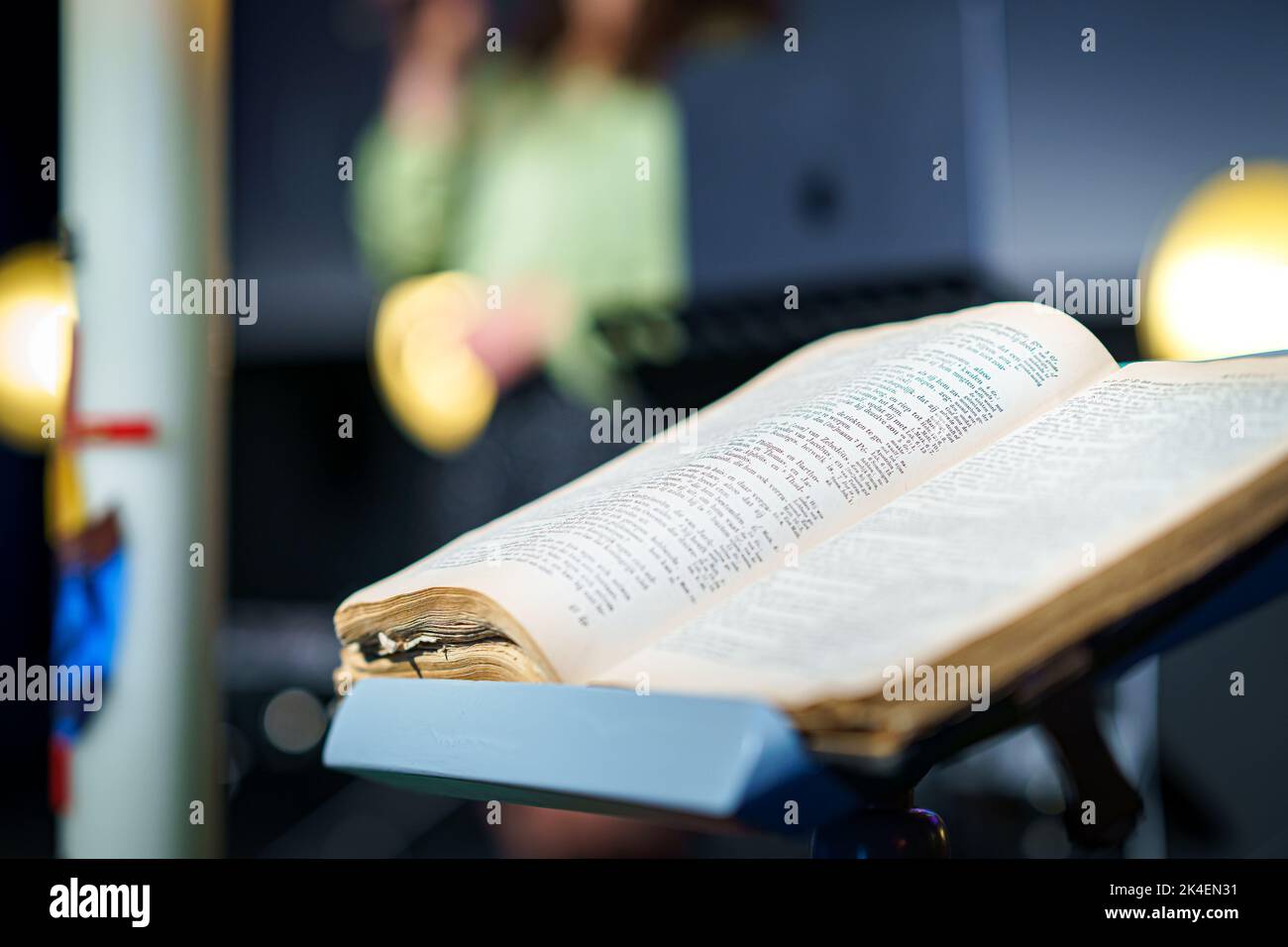 Open bible in pulpit with blur background and selective focus Stock ...