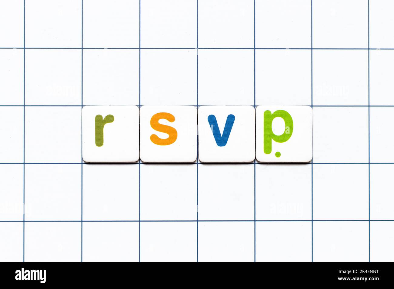 Colorful tile letter in word RSVP (Abbreviation of French word répondez ...