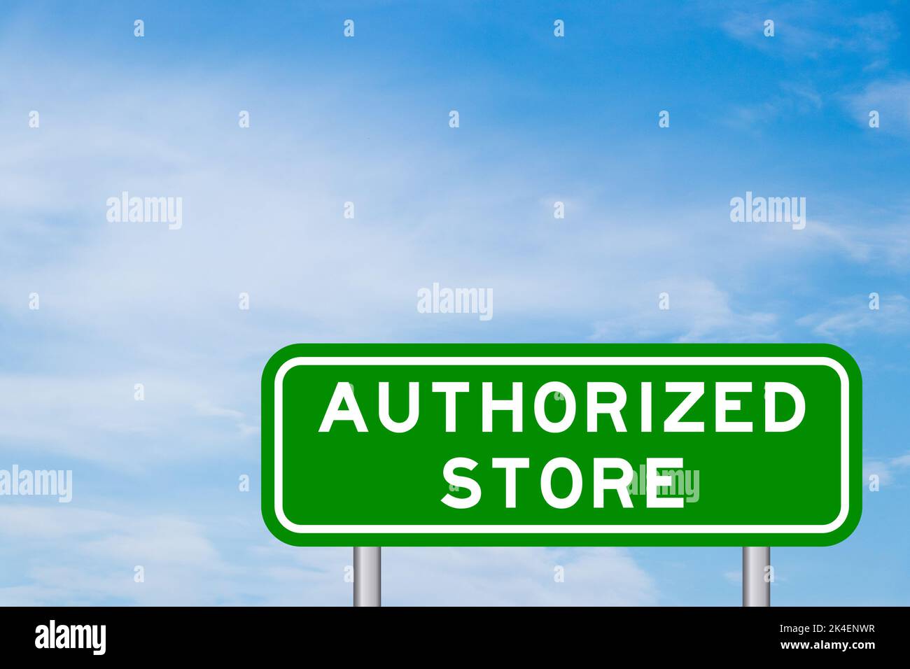 Green color transportation sign with word authorized store on blue sky with white cloud ...