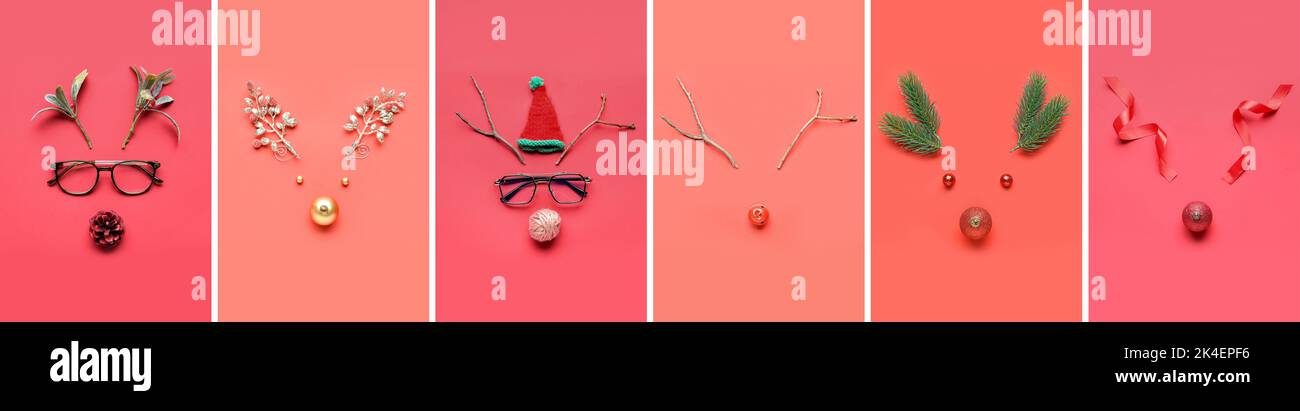 Collage of creative Christmas compositions with reindeer faces made of ...